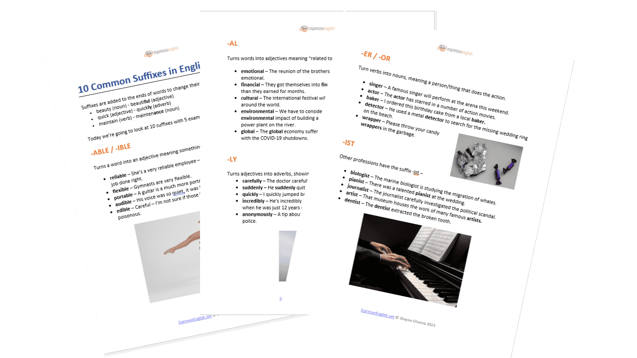 10 common suffixes in English + 50 example words - Espresso English